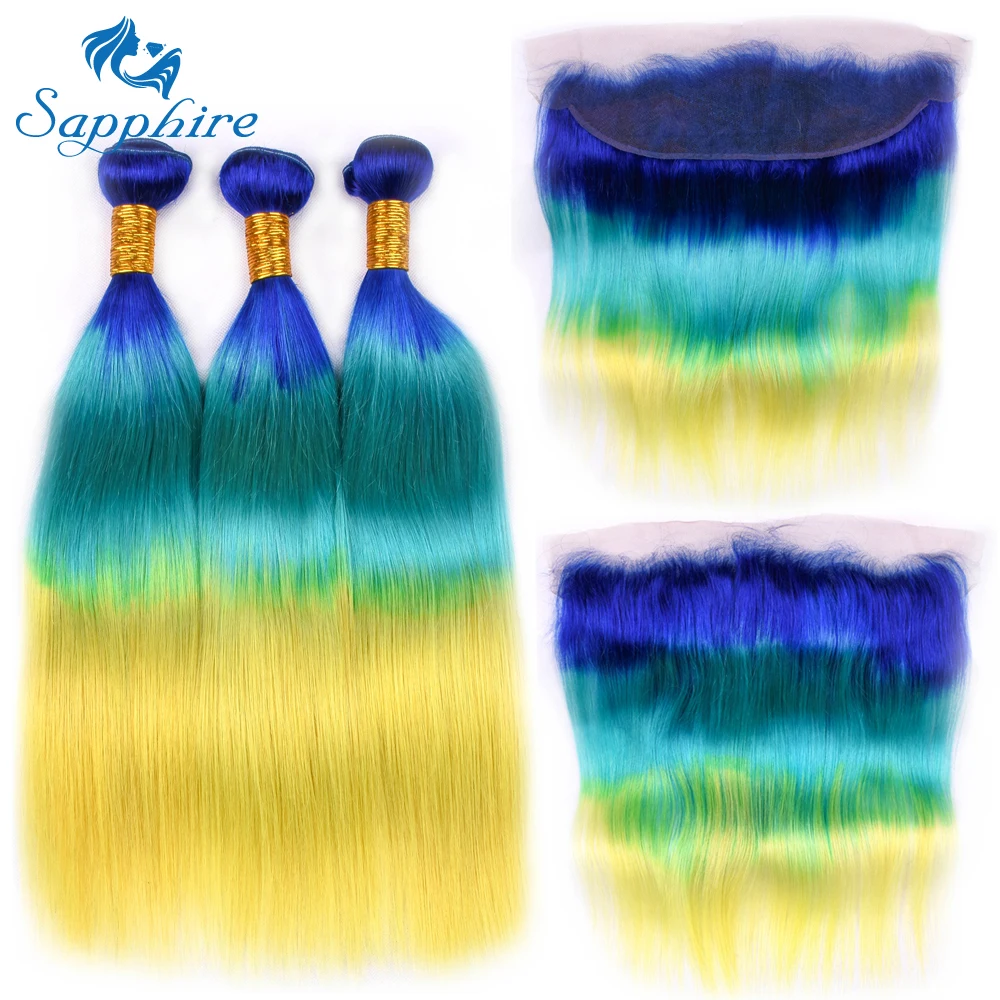 Sapphire Three Tones Blue/Green/Yellow Malaysian Straight 3 Bundles ...