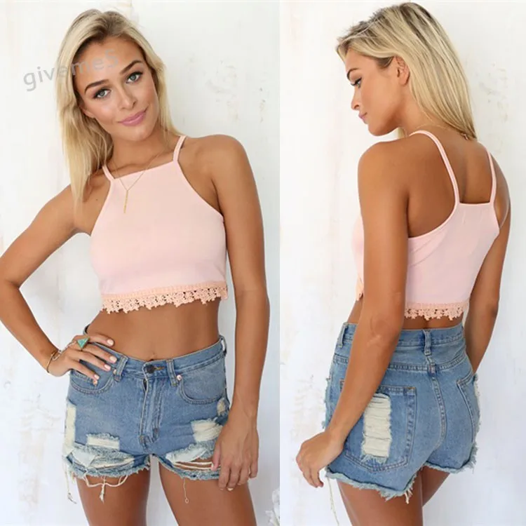 Summer Style Women Sexy Spaghetti Strap Poetic Halterneck Lace Hem Crop