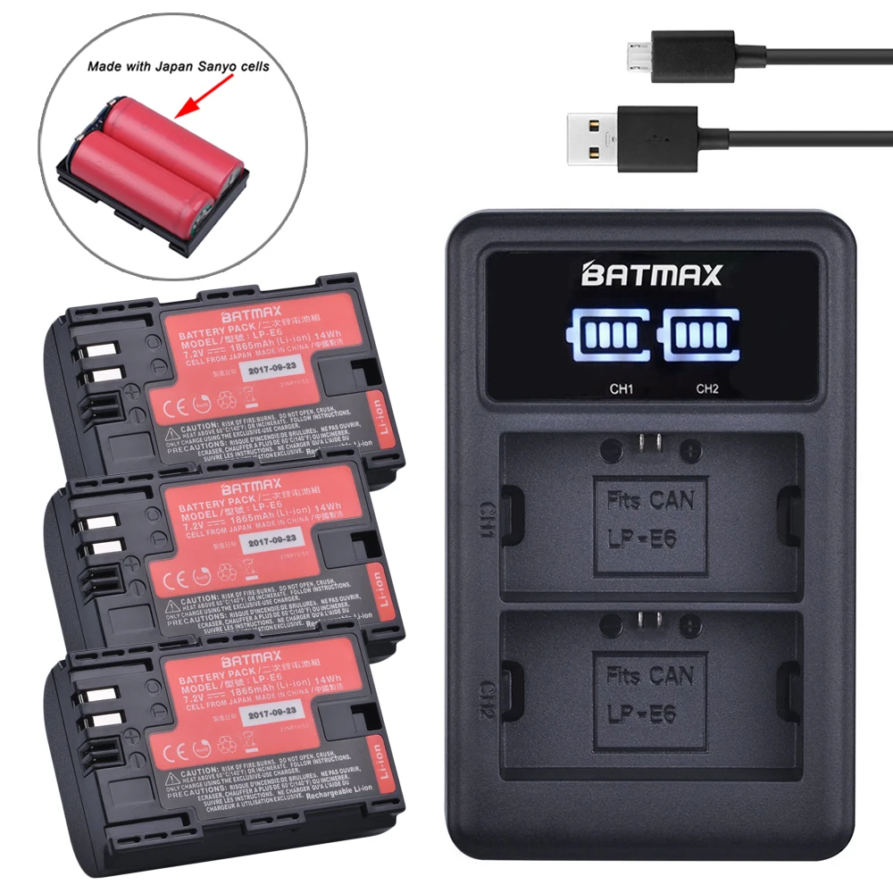 3pcs LP E6 LP E6 Battery Japan Cells+ Dual Charger LED Display for ...