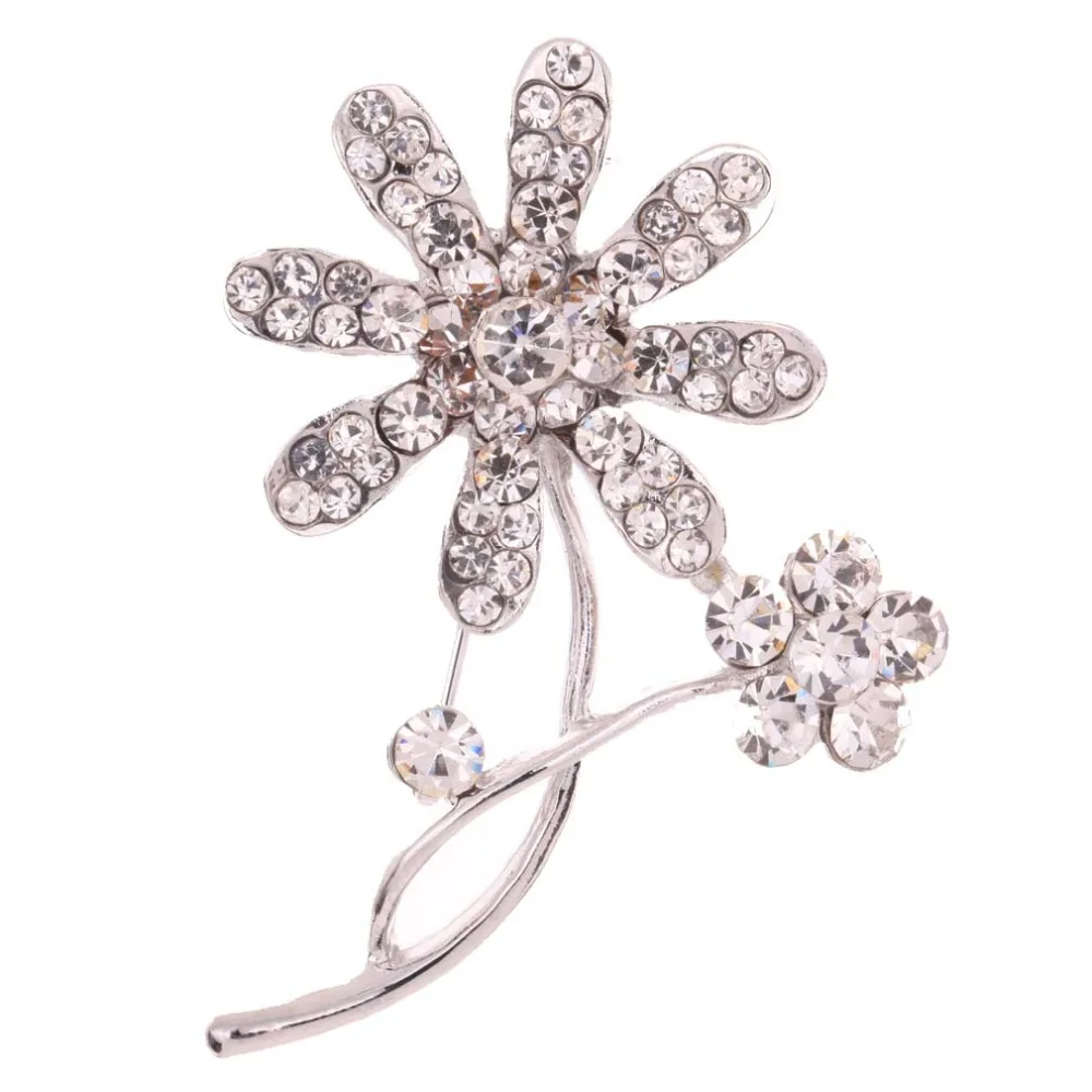 New Fashion Two Flower Brooch and Pins Zircon Crystal Silver Color ...