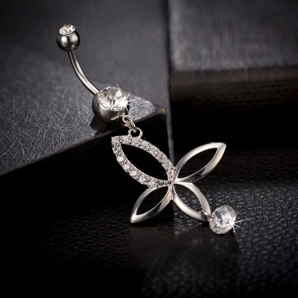 Belly Button Rings Silver Plated Clear Crystal Flower Dangle Navel Belly Button Ring Bar