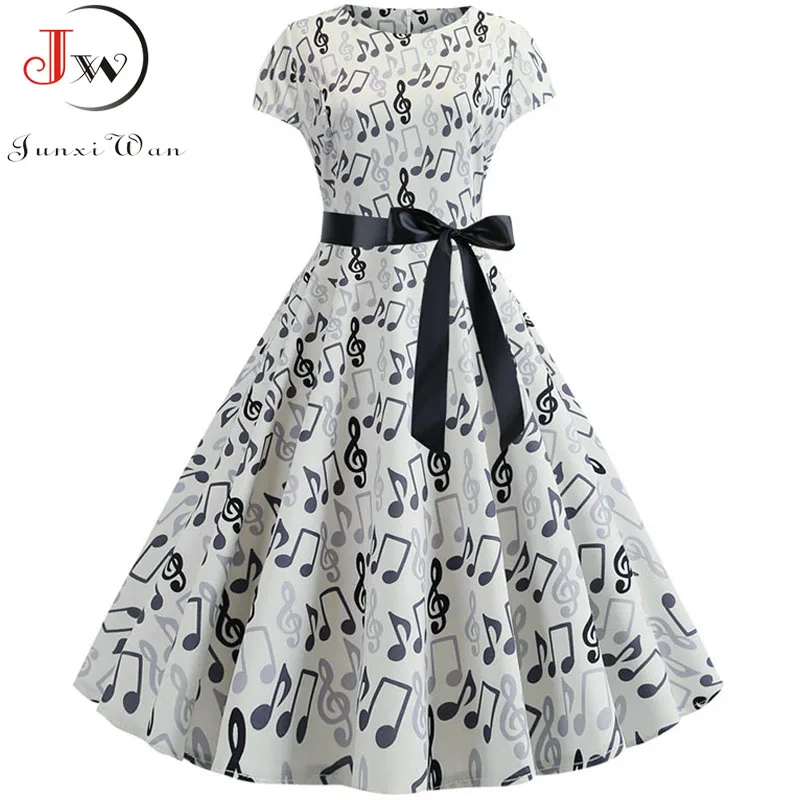 Women-Summer-Music-Note-Print-Dress-50s-60s-Robe-Retro-Swing-Casual ...