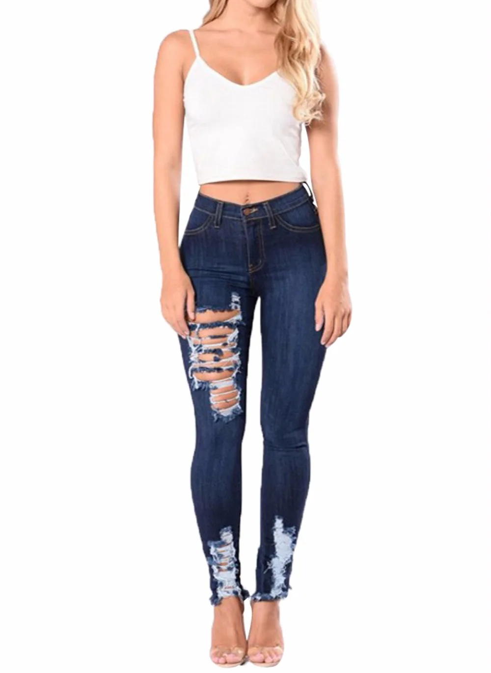 Womens Classic High Waist Butt Lift Stretch Ripped Hole Pants Skinny Ladys Denim Jeans In Jeans