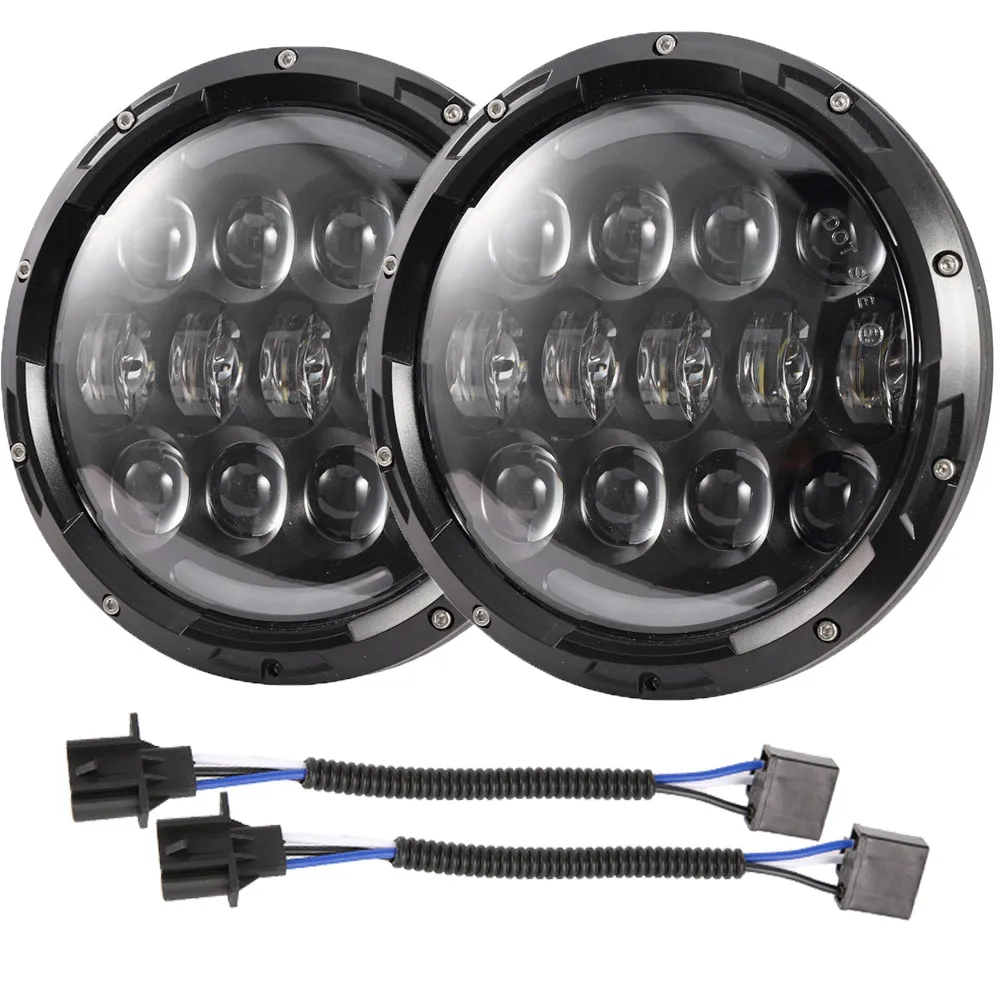 105W 7" Round LED Headlights White DRL / Amber Turn signal For Hummer ...