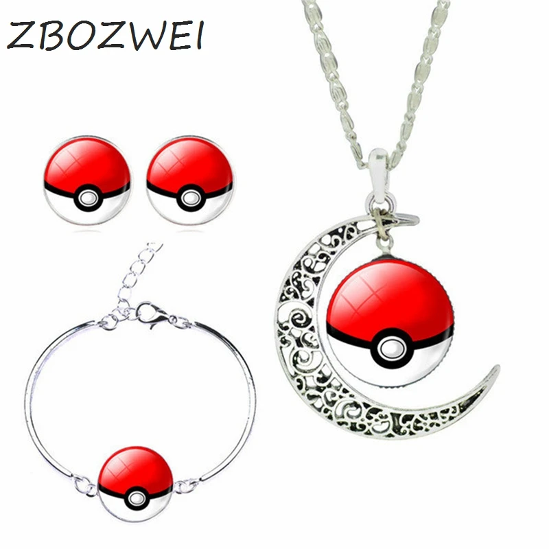 ZBOZWEI plata Pokemon joyería conjunto moda Pikachu Pokeball vidrio ...
