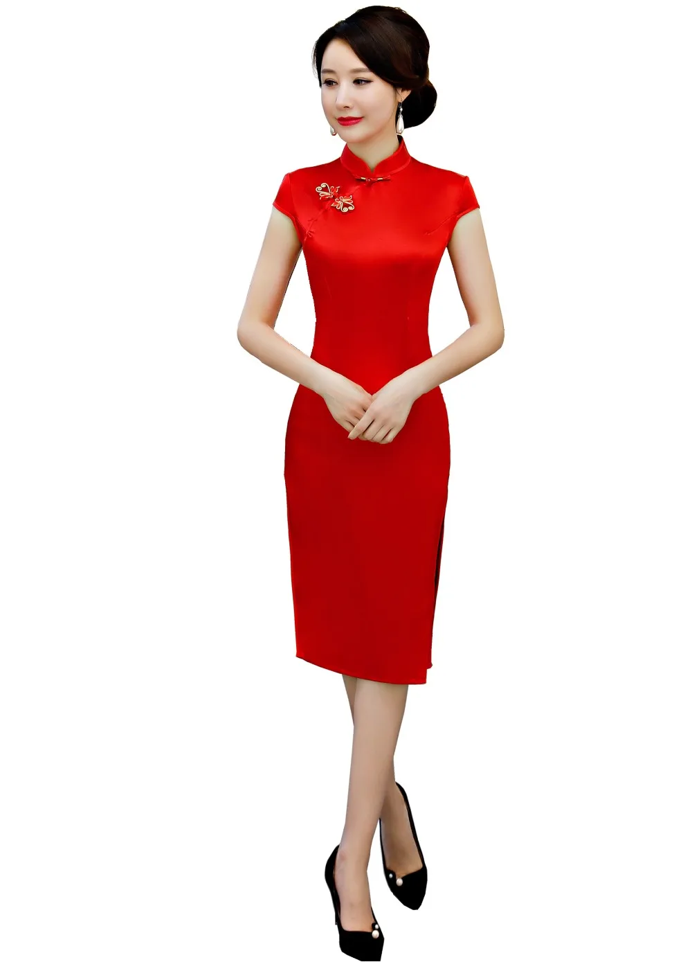 Shanghai Story Red Qipao Chinese Dress Short Sleeve Solid Cheongsam ...