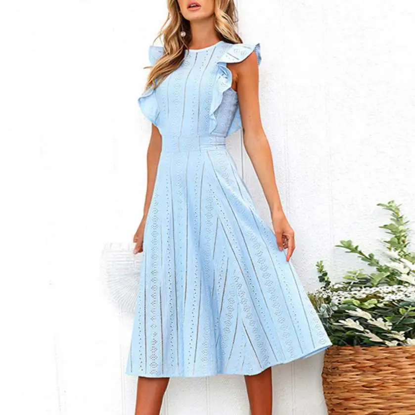 Summer Dress Women Sexy Solid Sleeveless Ruffled Zipper Irregular Round
