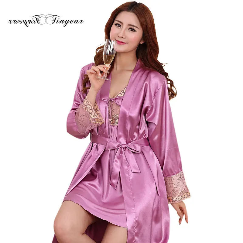 Good Quality Bathrobe Women Silk 2 Piece Pajamas Full Sleeve Hollow Out
