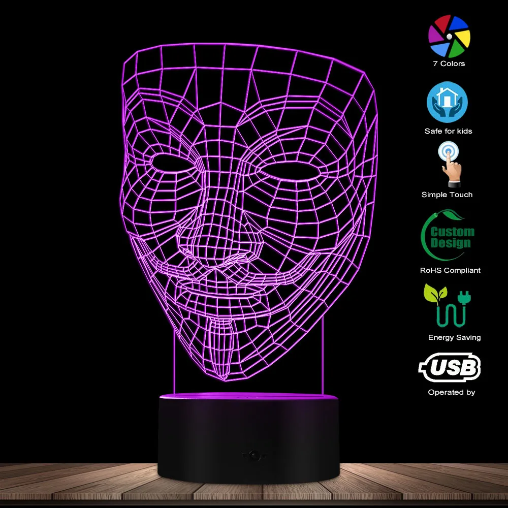 V For Vendetta 3D Optical illusion Night Light Disobey Anonymous Guy ...