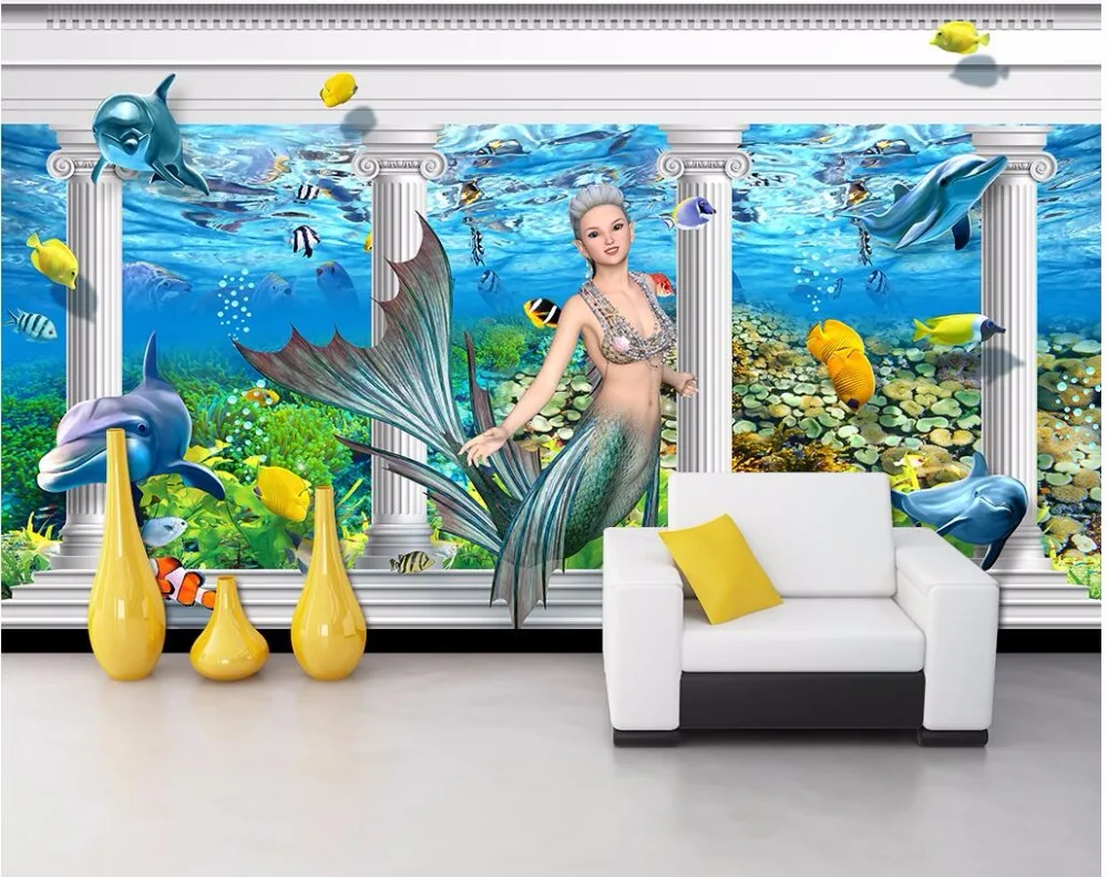 Custom-mural-photo-3d-wall-paper-Mermaid-Dolphins-Roman-Column-Palace ...