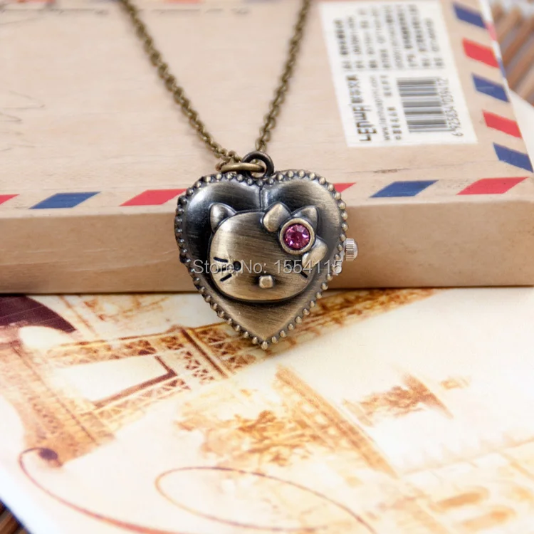 New Cartoon Bronze Heart Shaped Hello Kitty Pocket Watch Necklace ...