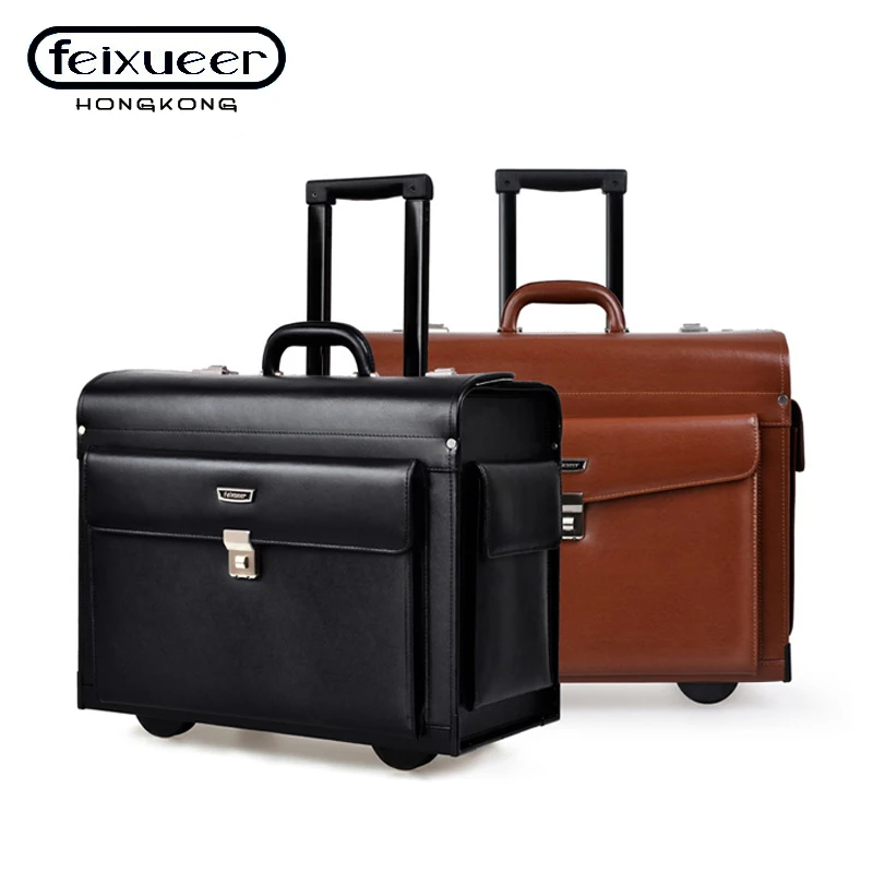 feixueer Hot Luxury Business Leather Trolley Suitcase Pilot Captain ...