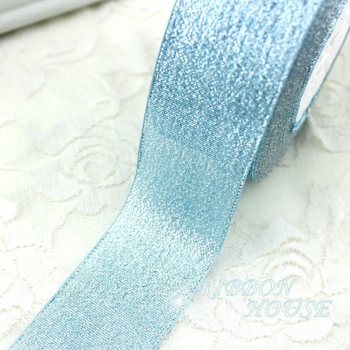 (25 yards/roll) 40mm Sky Blue Metallic Glitter Ribbon Colorful gift ...