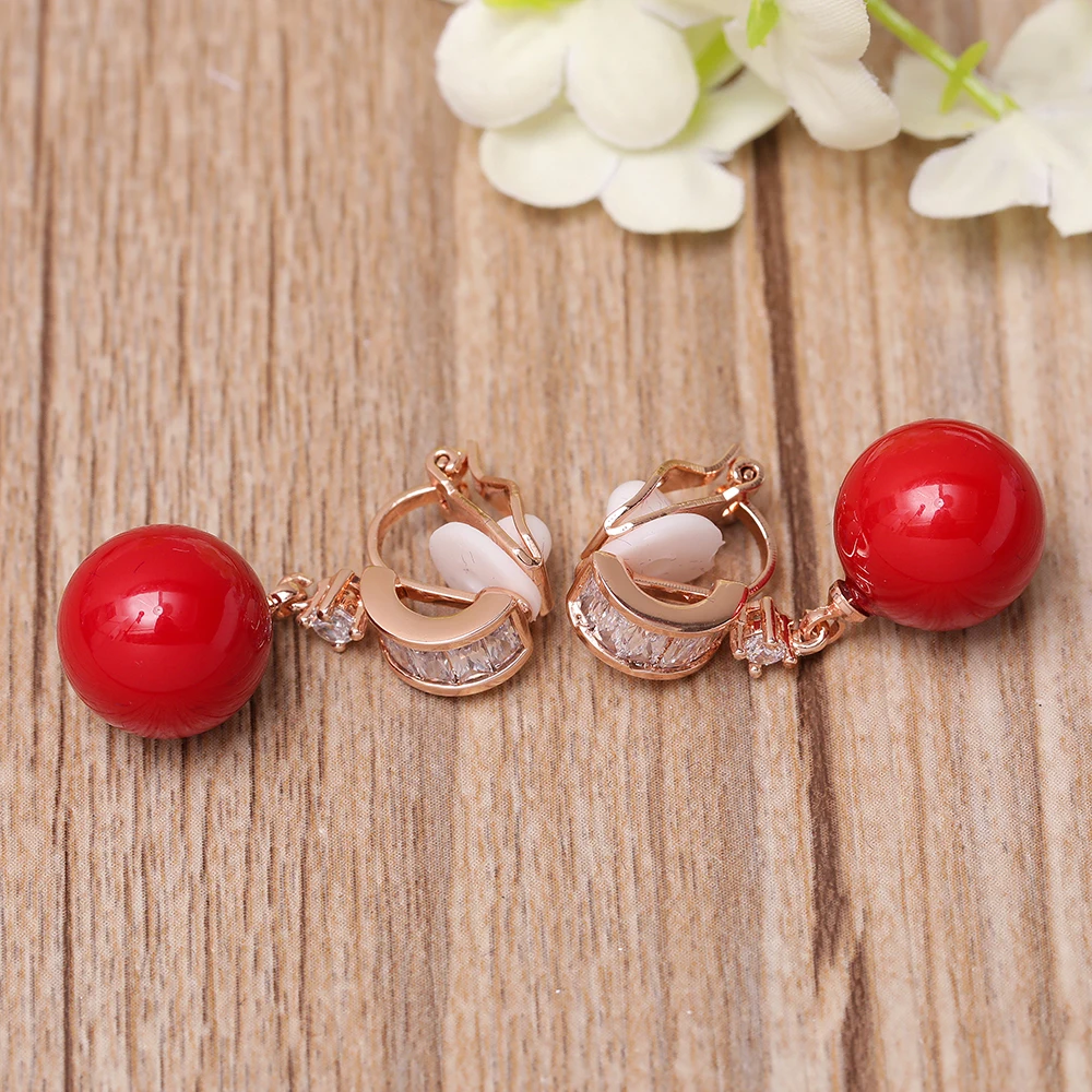 Fashion Clip Earrings CZ Clear Cubic Zirconia Red Simulated Pearl ...