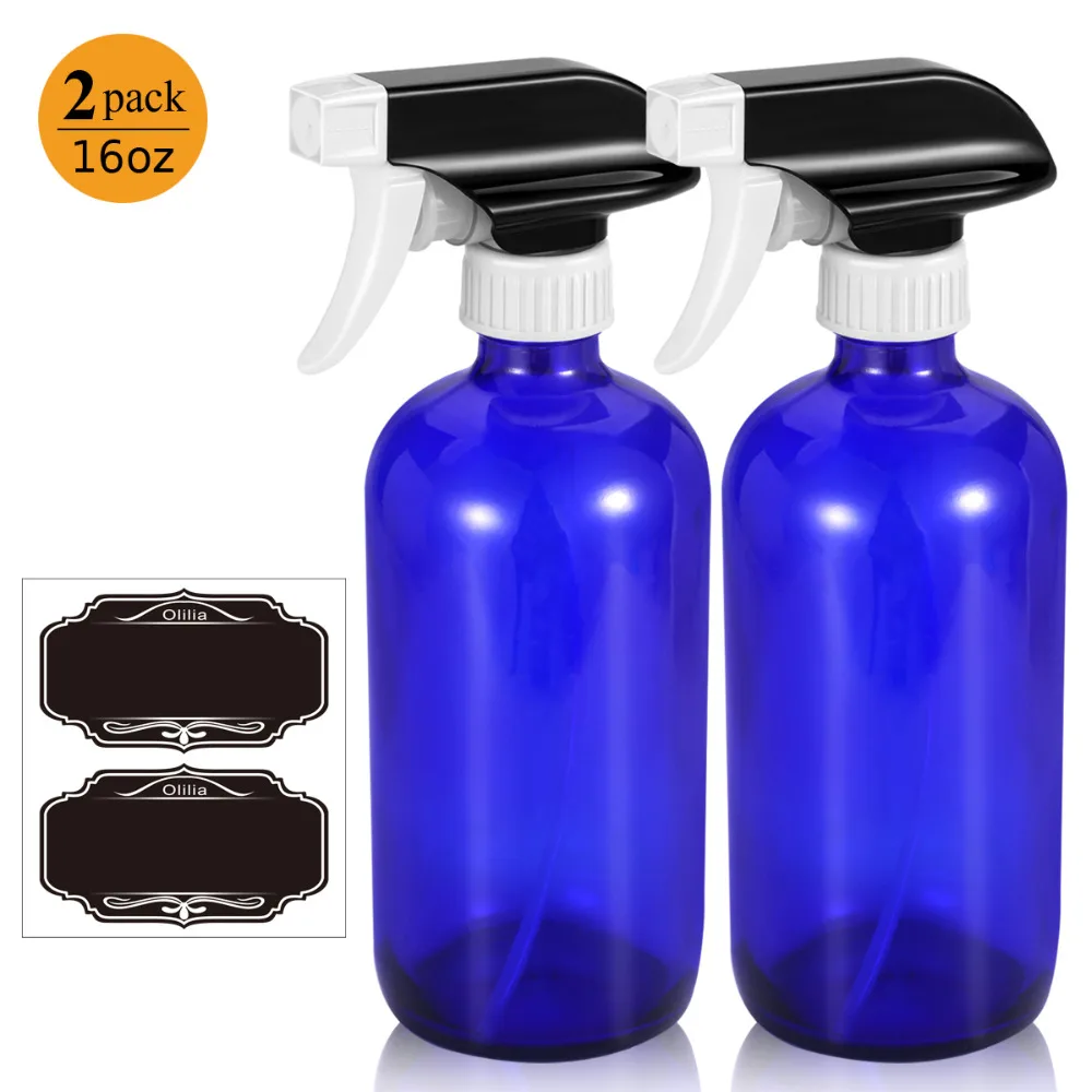2 Pack Of 16 Oz Cobalt Blue Glass Spray Bottles With Mist And Stream Settings Sprayer Top