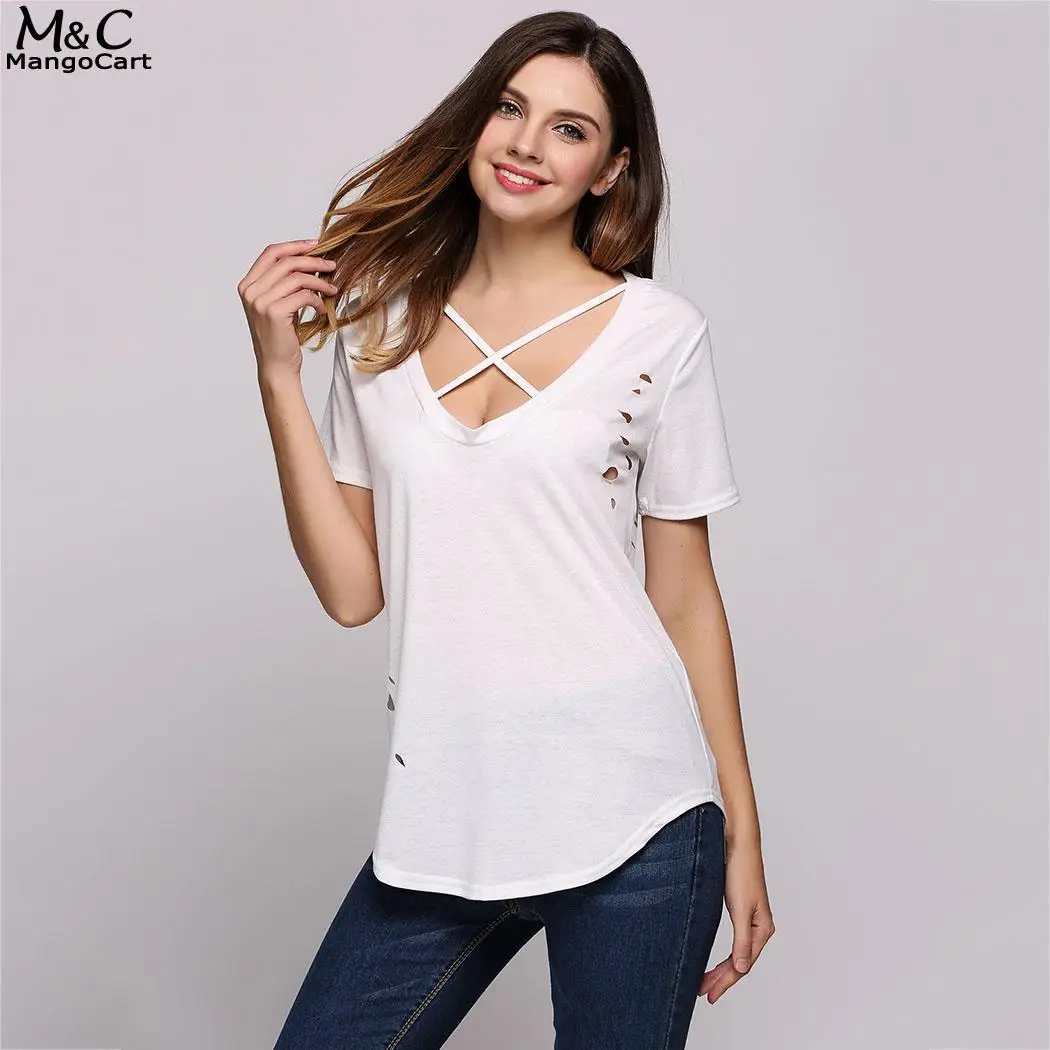 Cross Casual V Neck Front Women Short Sleeve Distressed Curved Hem T ...