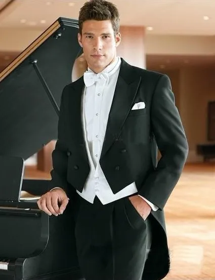 Peaked Lapel Black Formal Swallow Tailed Coat White Ventbowtie Custome