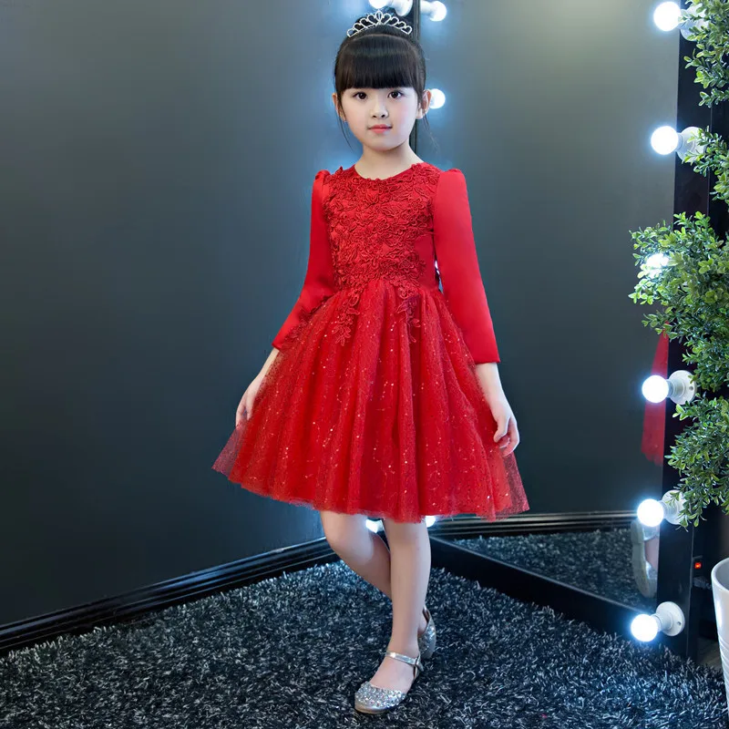 Glitz Red Tulle Girl Autumn Dress Long Sleeve Flower Girl Party Pageant ...