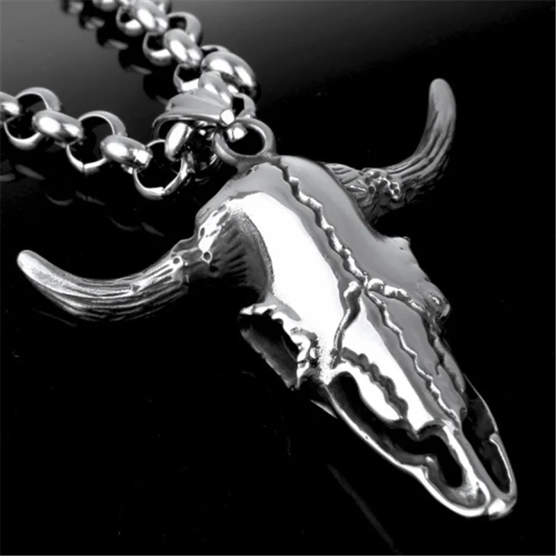 Stainless Steel Bull Head Mens Necklace Pendant Silver Color Cow Cattle ...