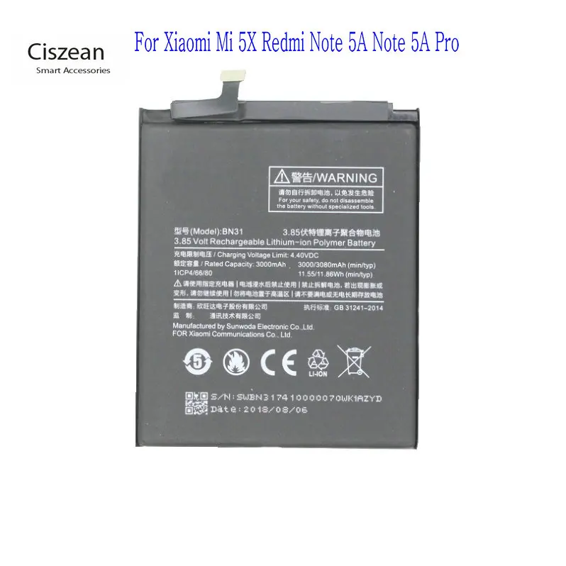 Ciszean 1x BN31 BN-31 3080 мАч сменная батарея для Xiaomi mi 5X mi 5X/Red mi Note 5A 5A pro/mi ...