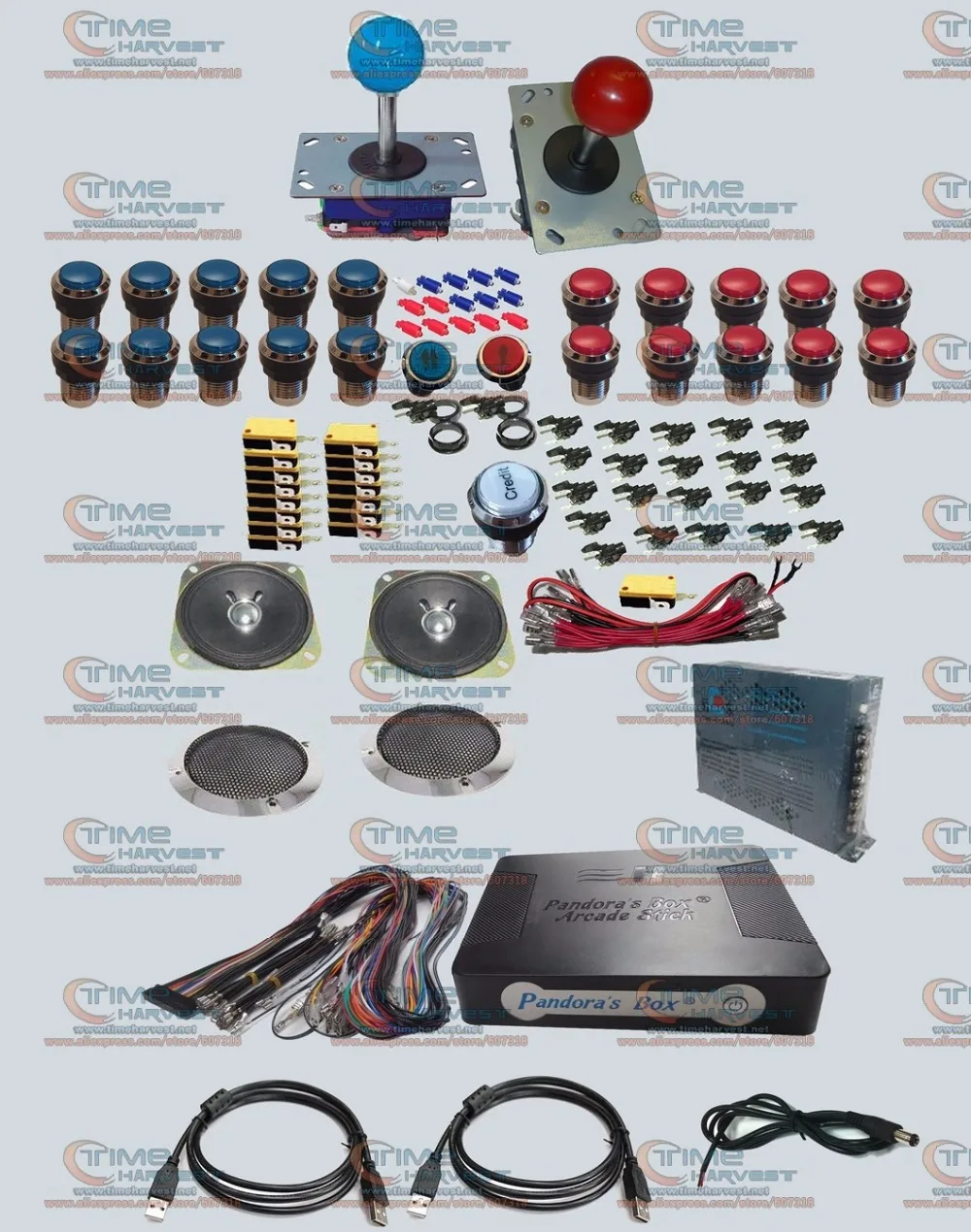 Arcade-parts-Bundles-kit-With-Pandora-s-Box-Arcade-Stick-Long-shaft-Joystick-Silver-illuminated ...