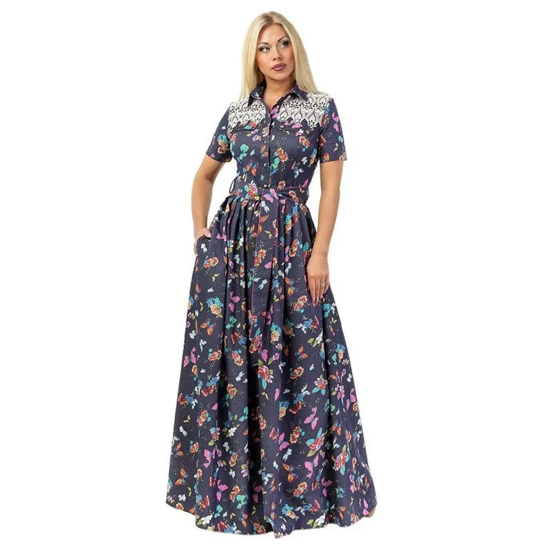 Plus Size 6XL Women Dress Fashion Short Sleeve Notched Collar Floral ...
