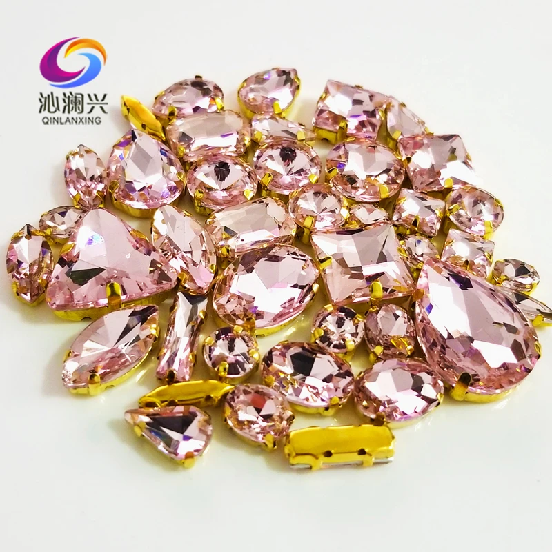 Shiny-Mix-Size-Pink-Color-Crystals-Glass-Sewing-Stones-Gold-Bottom-Mix ...