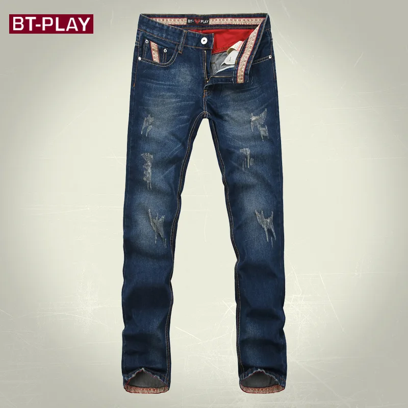 Brand BT PLAY hole ripped men's jeans casual denim jeans washing ...