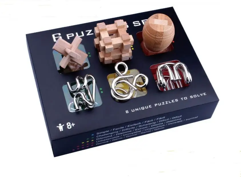 6 in 1 Set Gift Box Wooden Metall Brain Teaser Puzzle Game Entanglement ...