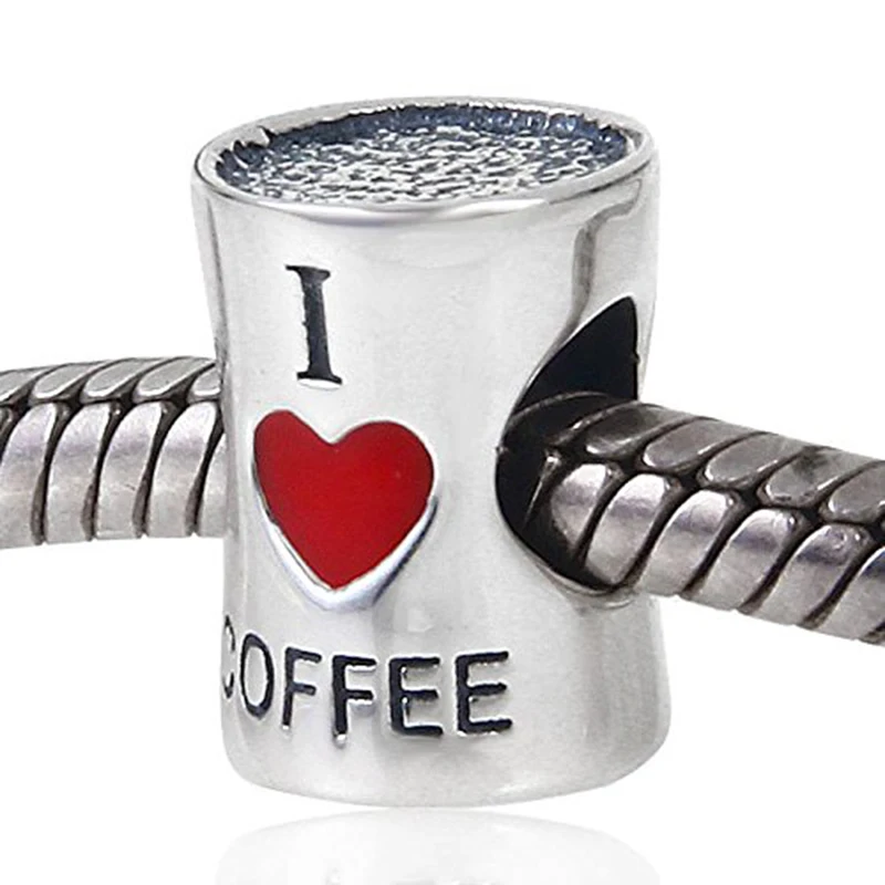 I Love Coffee Charm Solid 925 Sterling Silver Red Enamel Heart Cup Bead ...
