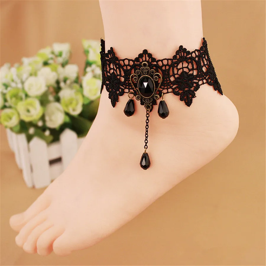 SEA MEW New Gothic Retro Black Lace Crystal Pendant Anklets For Women ...