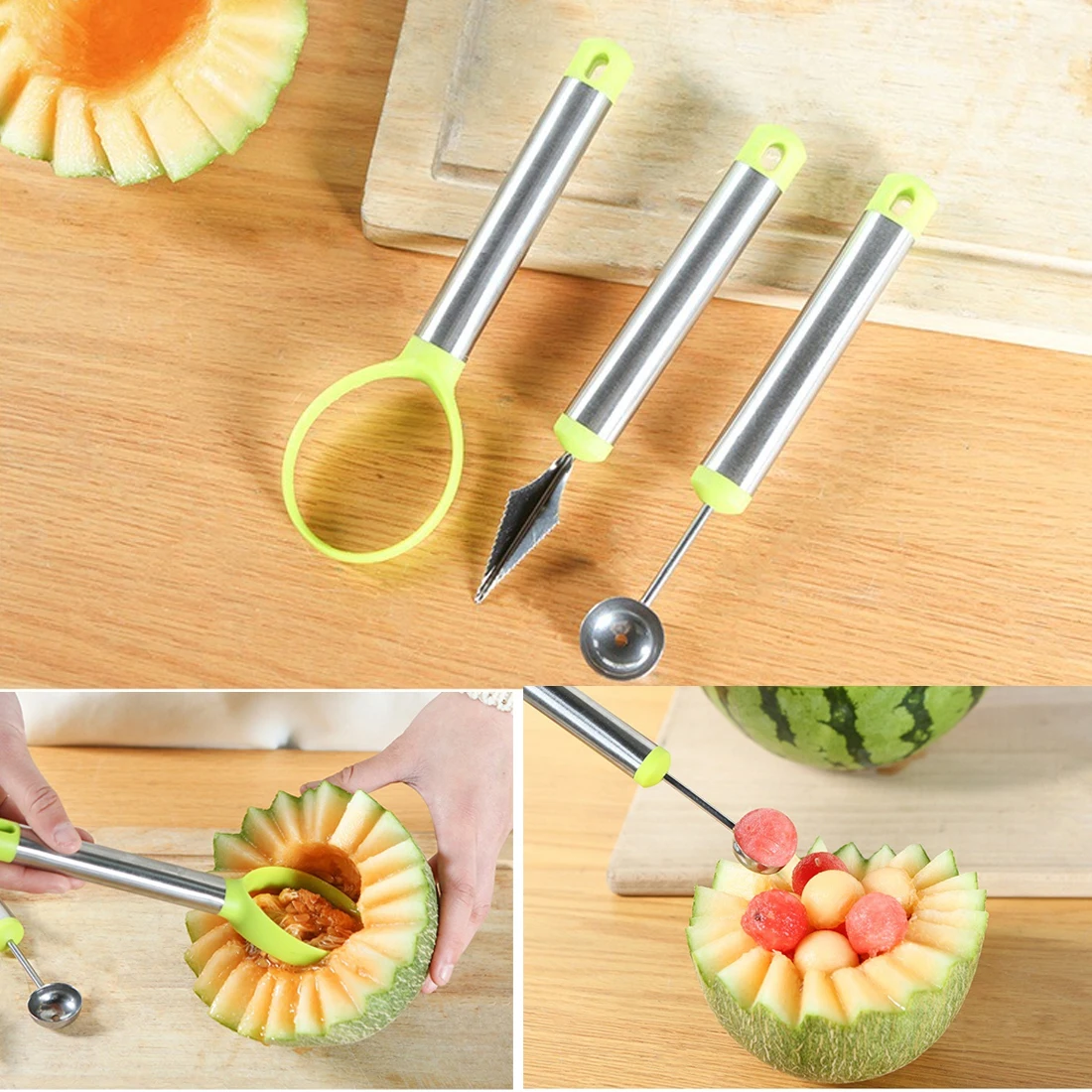 Good 3pcs Set Stainless Steel Double End Multi Function Fruit Melon