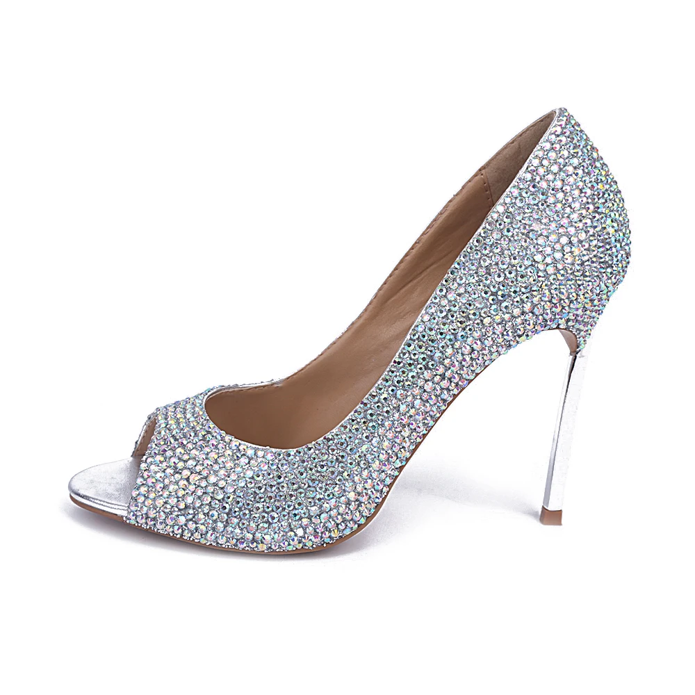 New Fashion Woman High Heel Shoes Sexy Open Toe Crystal Wedding Heels