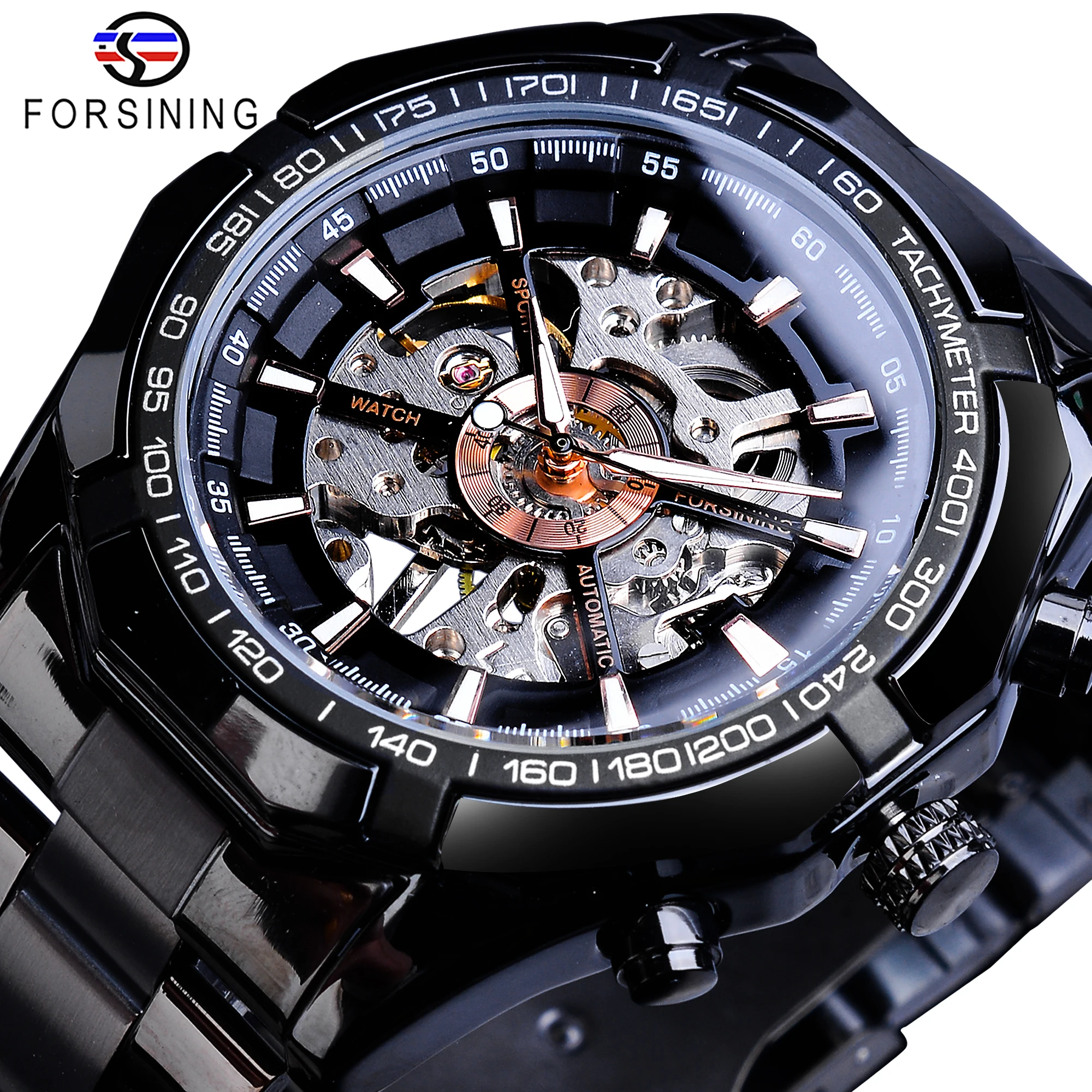 Forsining Sport Racing Series Skeleton Stainless Steel Black Golden ...