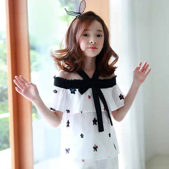 white floral little teenage girls blouses 2018 summer cotton off ...