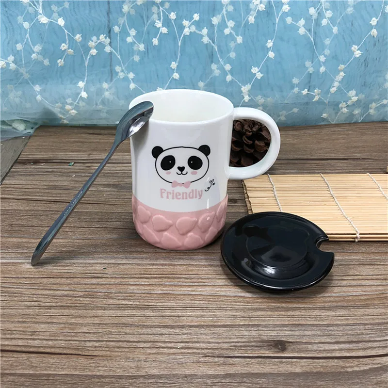 Cute Panda Mugs With Spoon Coffee Cups With Lid Ceramic Mug Water