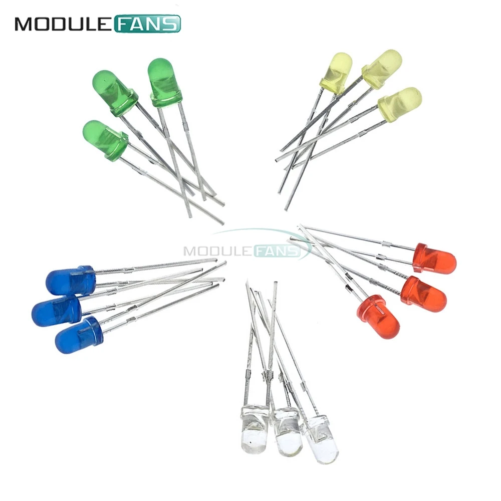 100Pcs/Lot 3MM LED GREEN/WHITE/RED/YELLOW/BLUE Color Light Super Bright ...