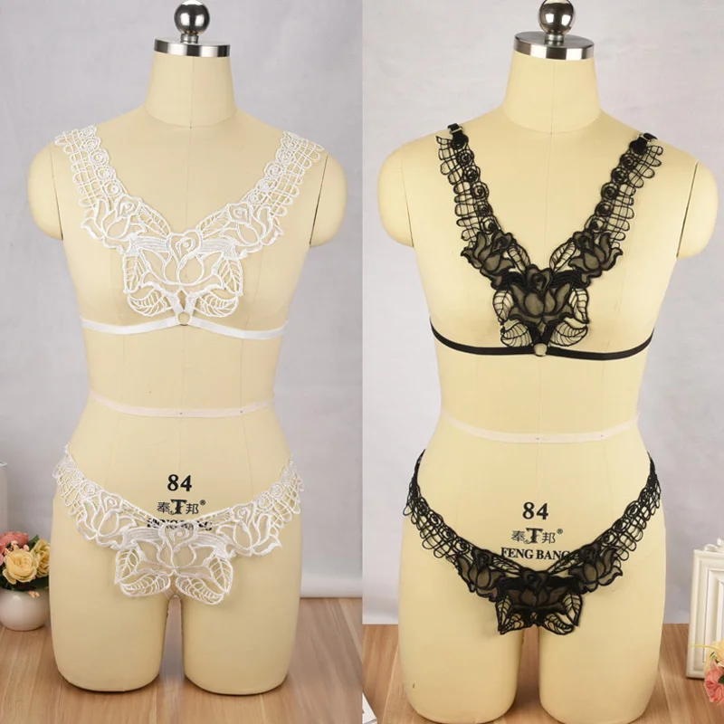 Sexy Lace Harness Set White Black Lace Open Chest Bra Lace Triangle