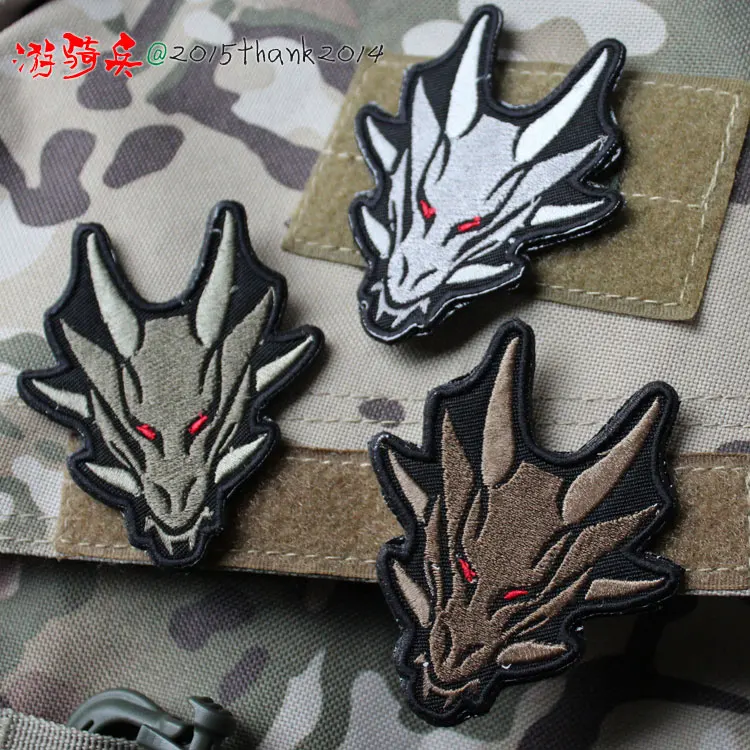 Embroidery DRAGON HEAD Patch Military Tactical Hook And Loop Emblem Fabric Combat Morale Armband ...