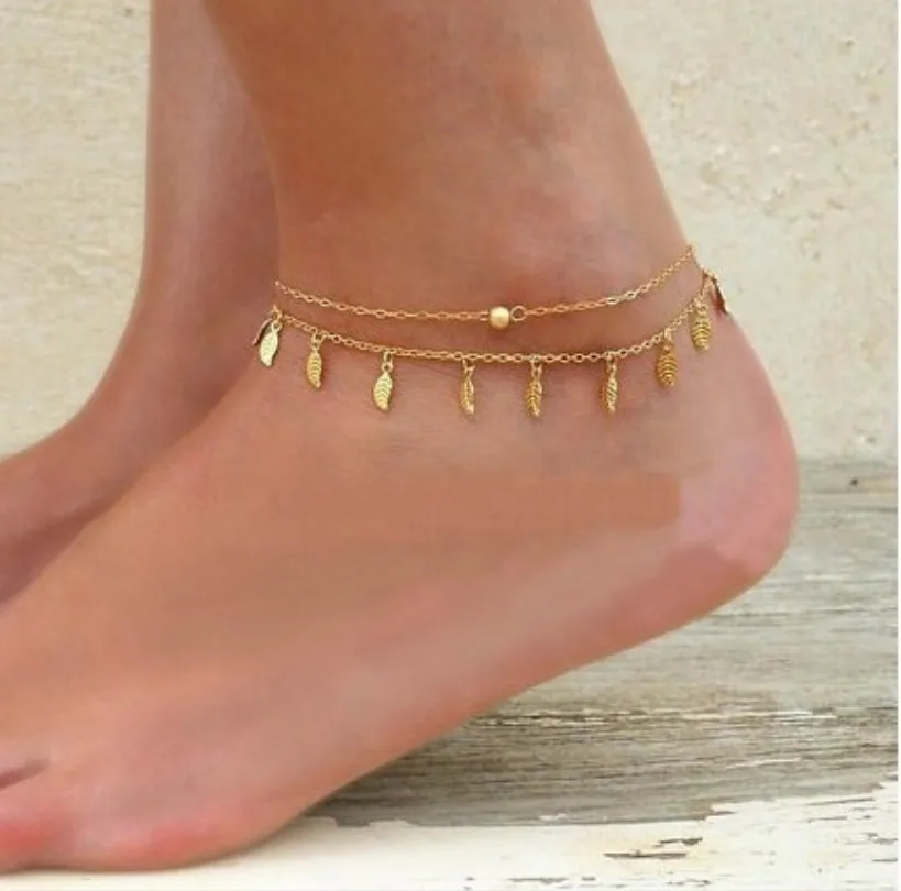 Fashion Jewelry Fringe Leaf Double layer Ankle Chain Simple Anklet ...