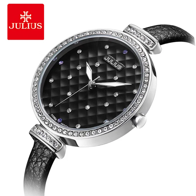 Fashion Julius Watch Women Thin Leather Wristwatch Crystal Lattice Big ...