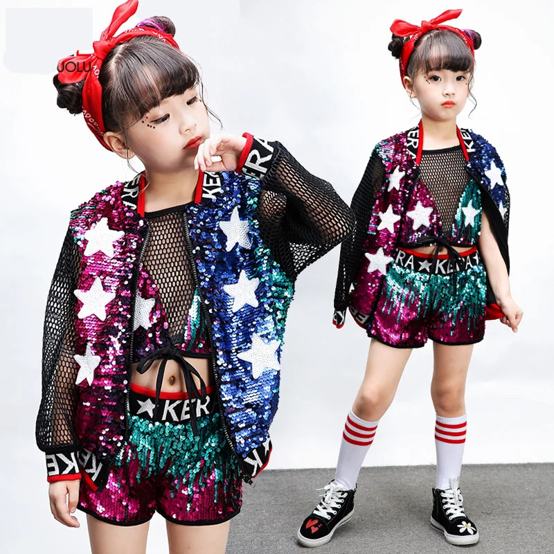 kids jazz modern dance costume sequins Girls Hip hop Costumes Set jazz ...