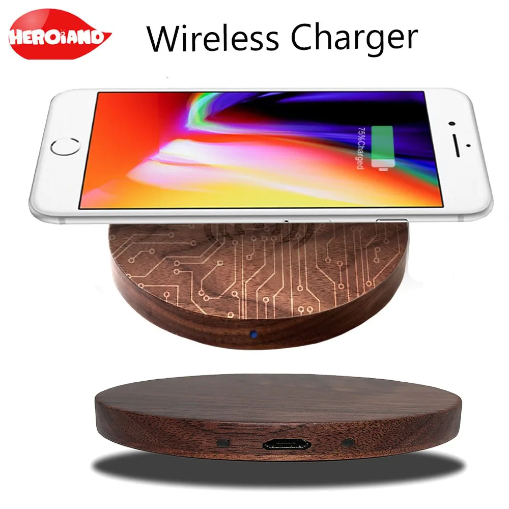 Round Wooden Walnut Qi Wireless Charger Charging Fast for iPhone 8/X /8 ...