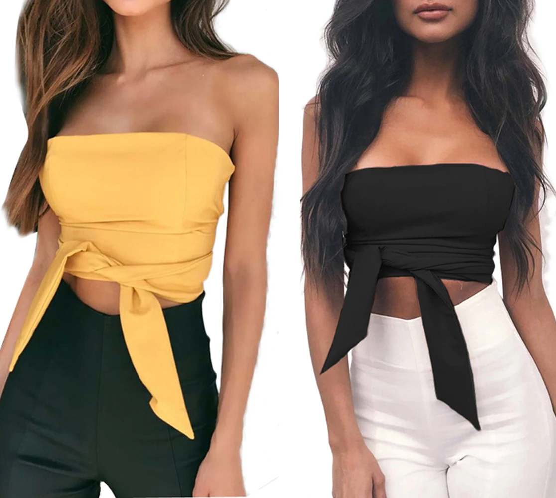New Summer Sexy Woman Tube Top Lace Up Strapless Bandage Mini Crop Top