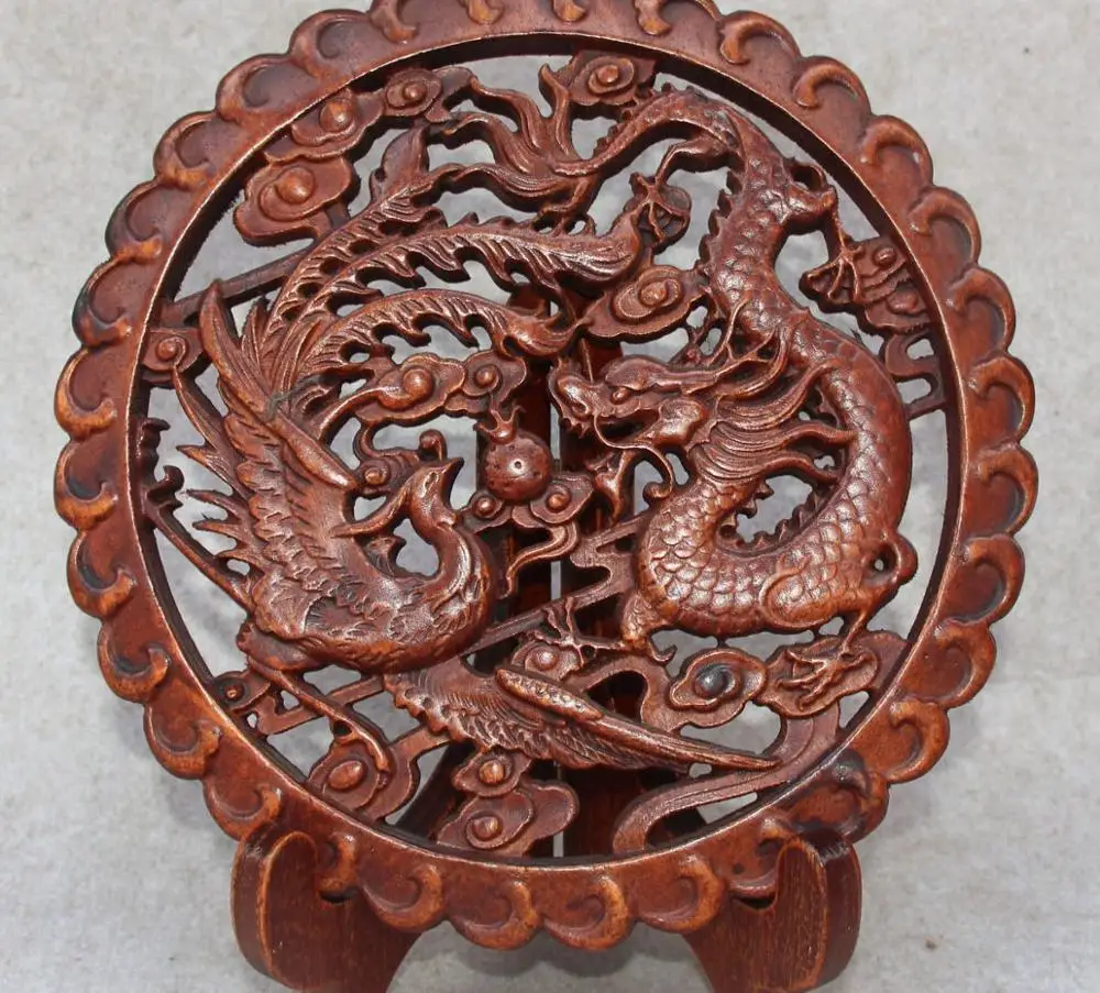 12" Old Chinese Wood Carving Dragon Phoenix Auspicious Folding Screen ...