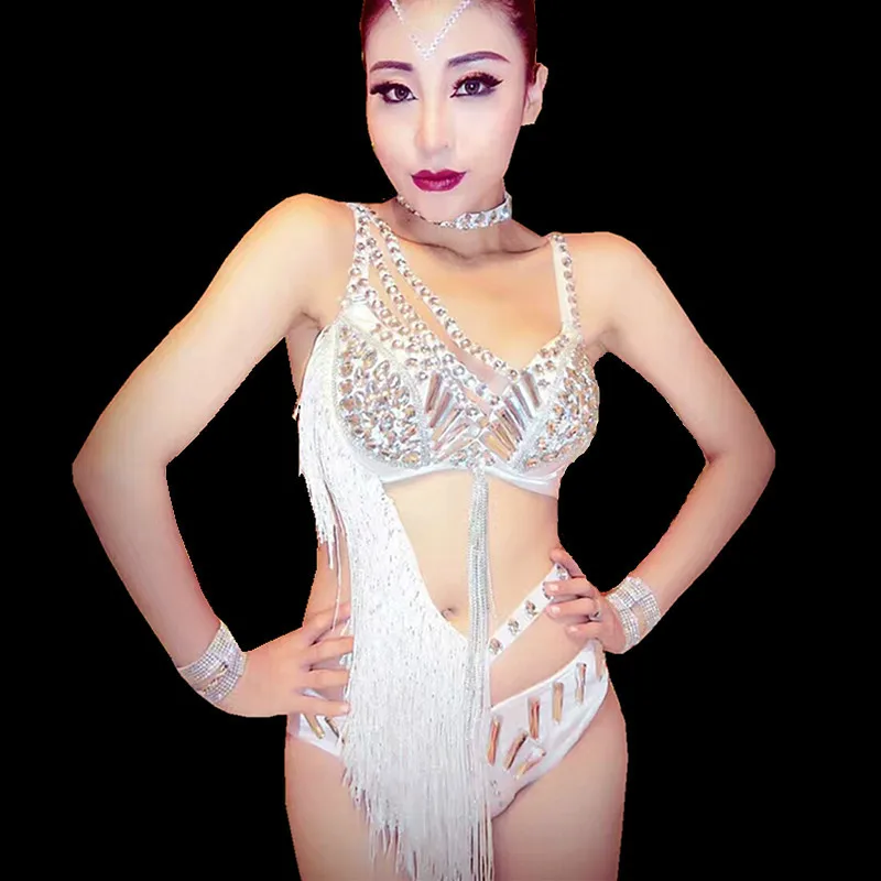 Female Glisten Crystals Tassel Chains Bra Short Shining Bikini Outfit