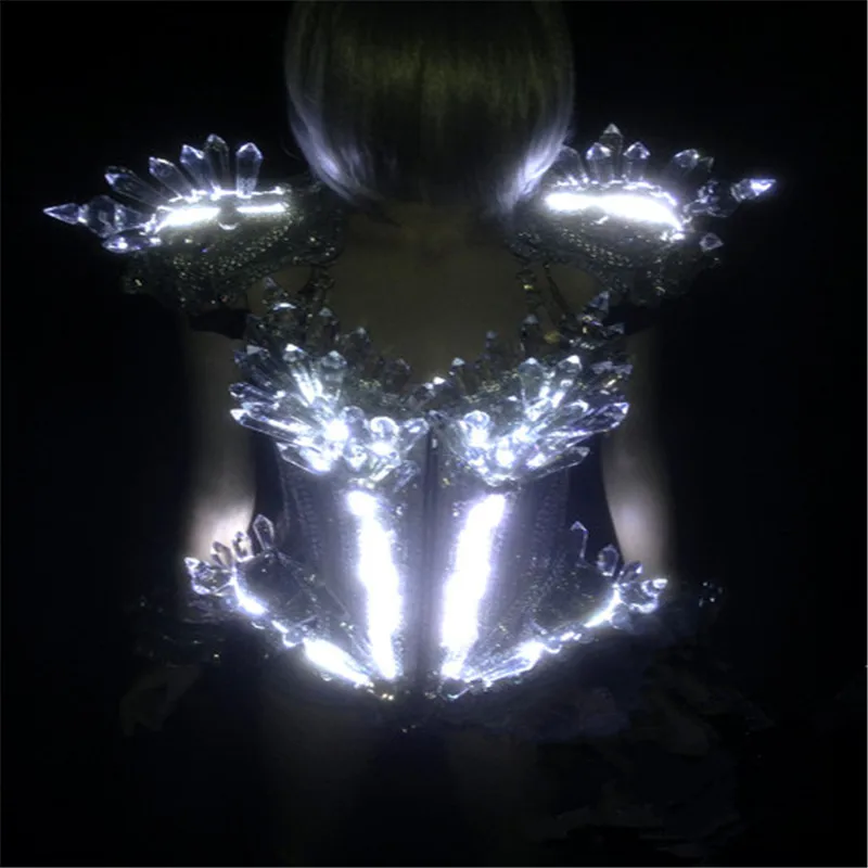 Hs001 Fantasia De Dança De Salão Prateada Com Led Luz Luminosa Traje Feminino De Robô Dj