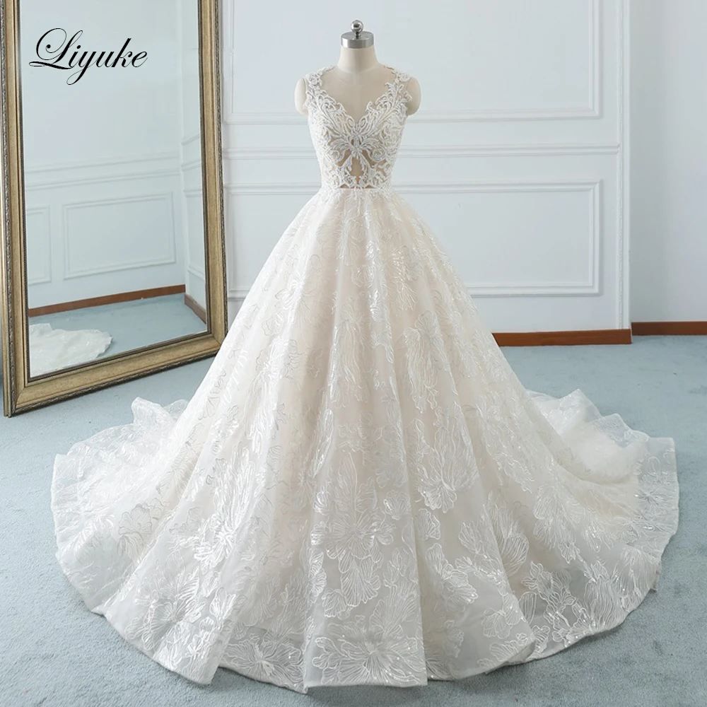 Liyuke vestido de casamento sem mangas uma linha de malha colorida da pele com decote pesado ...