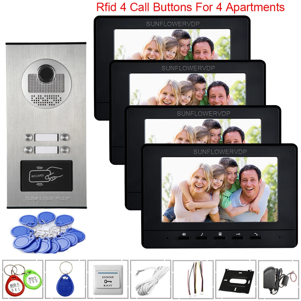 For 4 Apartments Video Intercom With Cameras Rfid Access Control ...