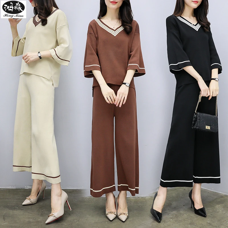 Knited Women Sets 2017 Autumn New Womens V Neck Sweater Wide Leg Pants